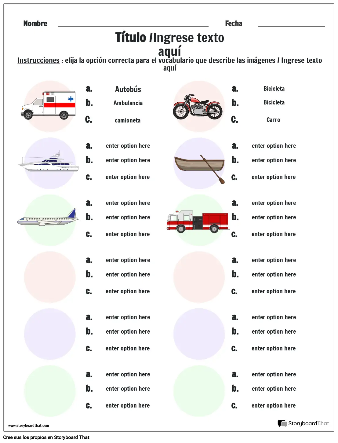 Hoja de trabajo de vocabulario imprimible Storyboard