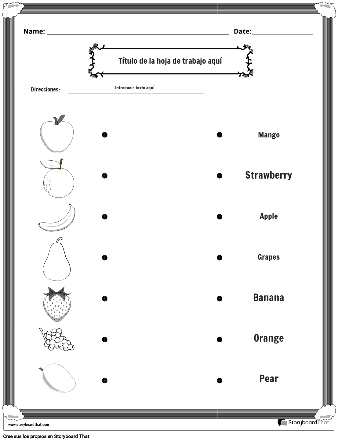 Hoja de trabajo para unir frutas con nombres (blanco y negro)