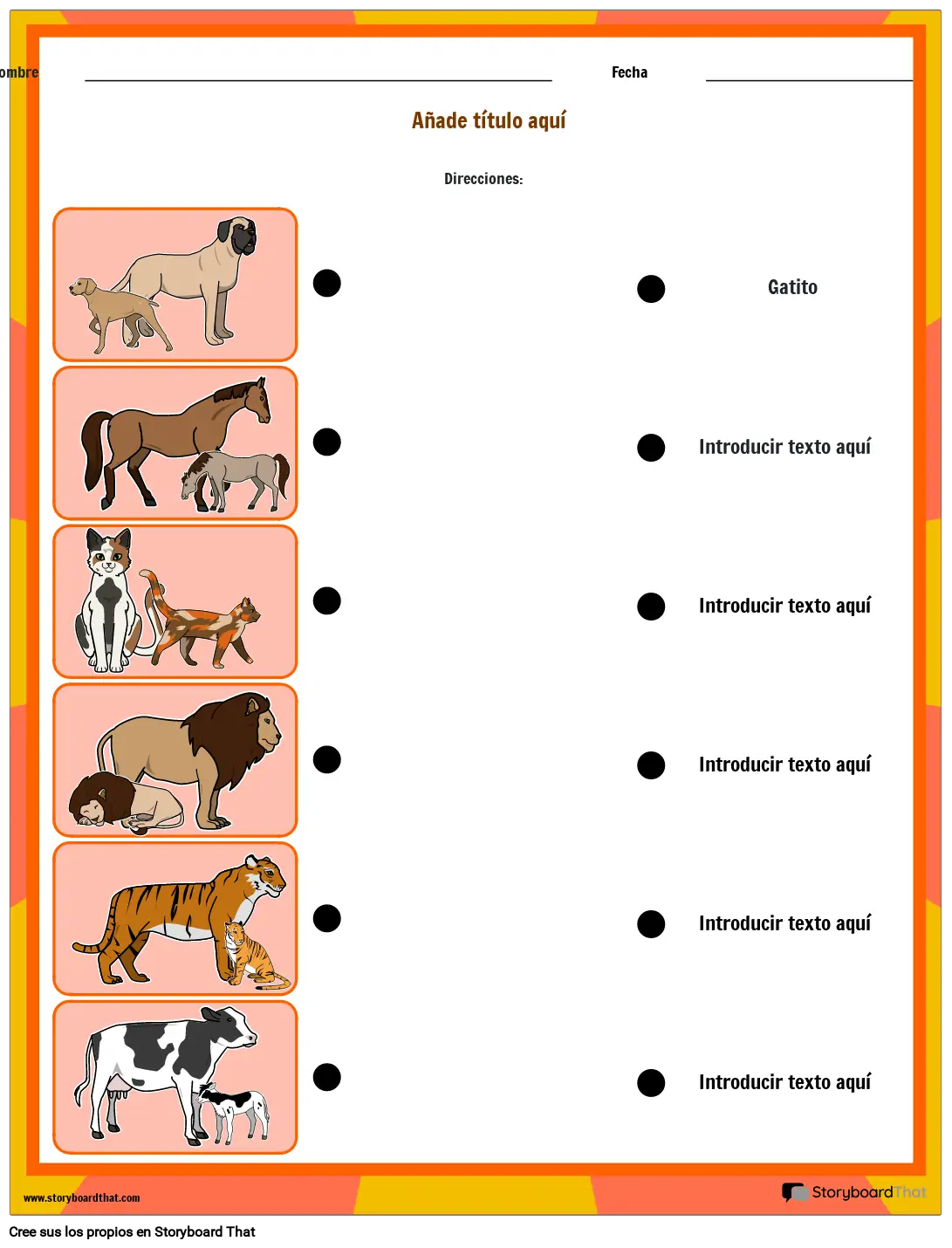 Los animales y sus crías Hoja de trabajo para niños