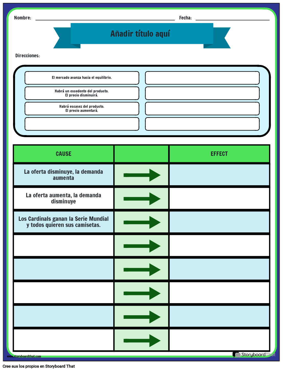 Oferta y Demanda: Hoja de Trabajo de Causa y Efecto