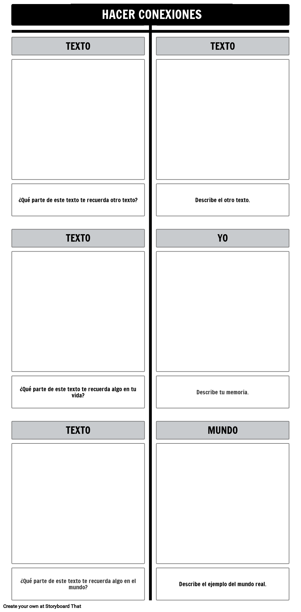 Plantilla de T-Chart de Conexiones de Texto Storyboard