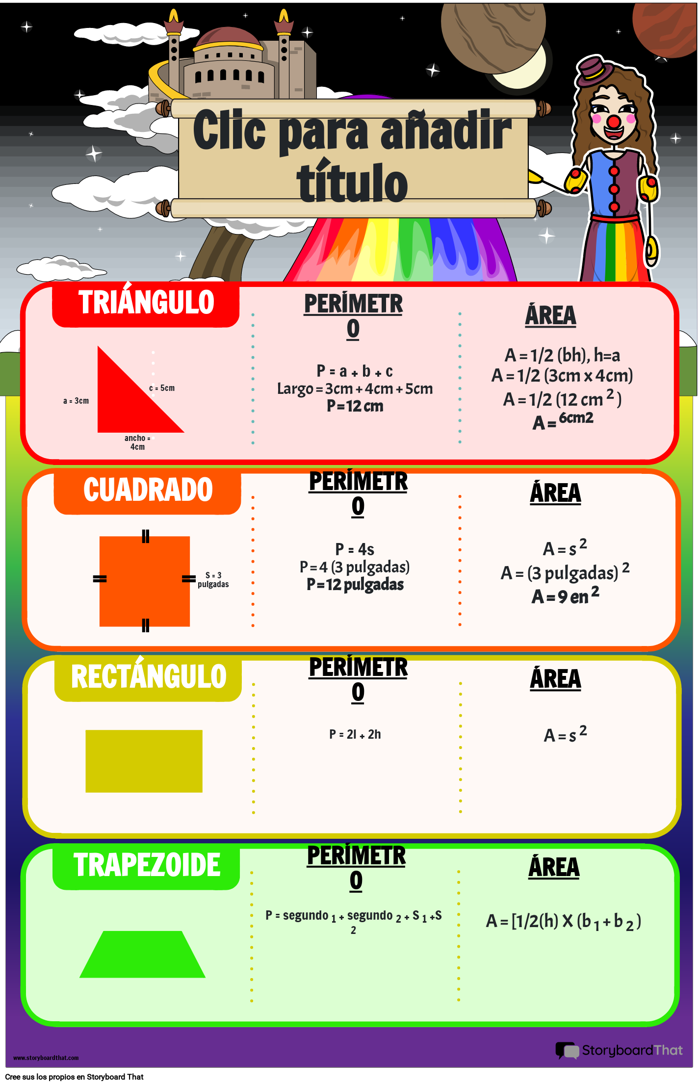 Póster Área y Perímetro con Temática del Arcoíris