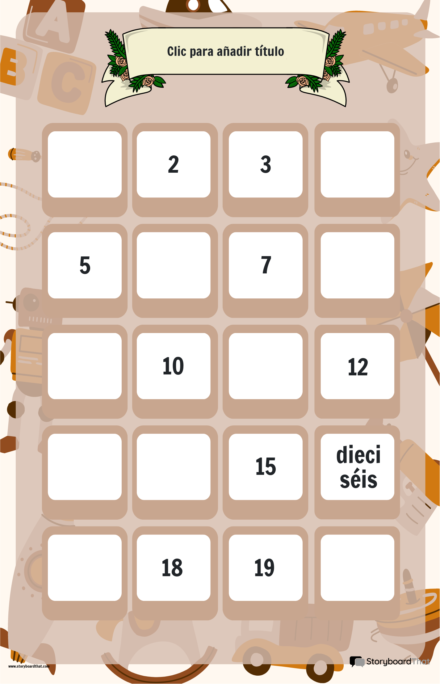 PÓSTER DE NÚMEROS DEL 1 AL 20 CON TEMÁTICA MARRÓN DE JUGUETES JUGUETONES