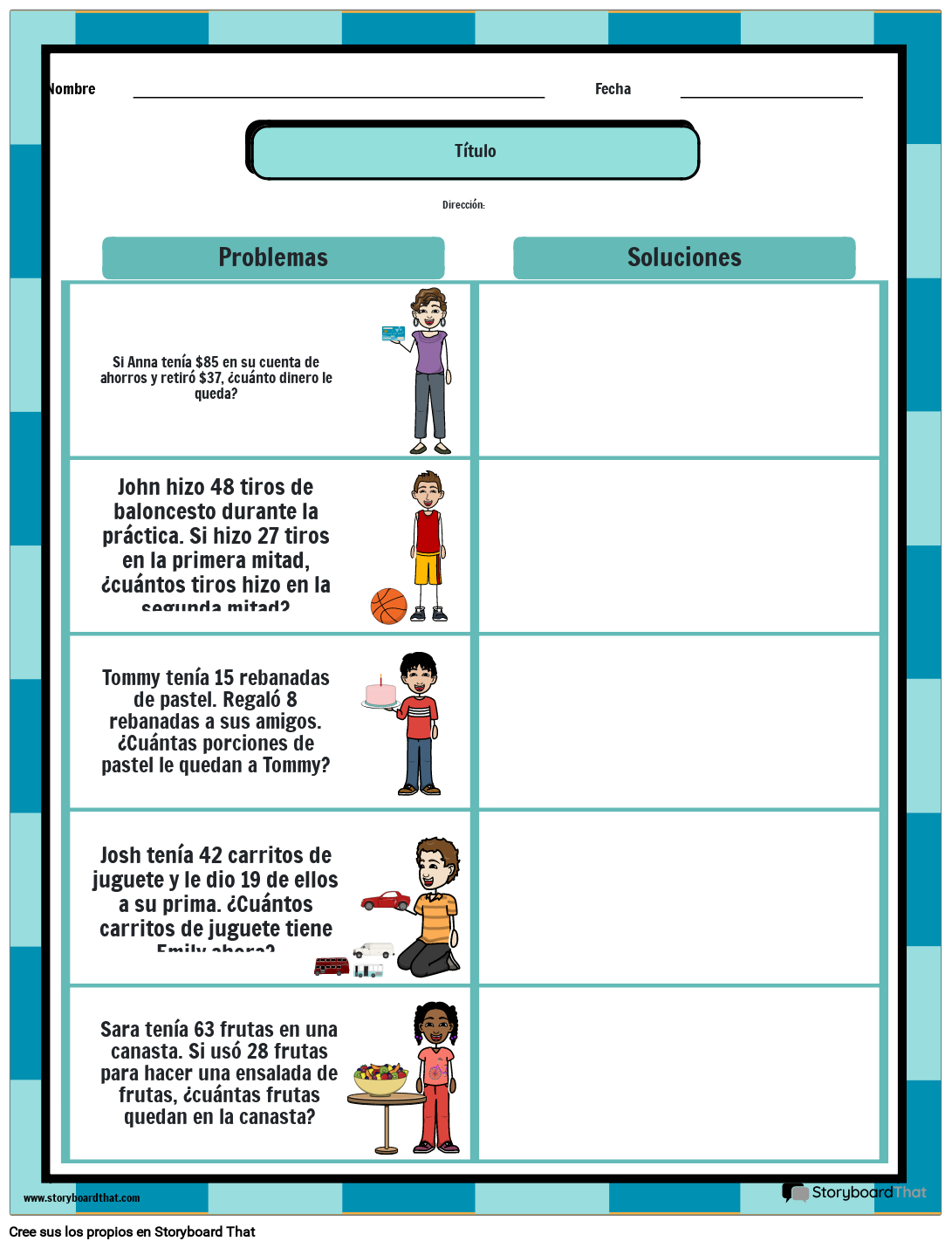 Problemas matemáticos verbales sobre resta Storyboard