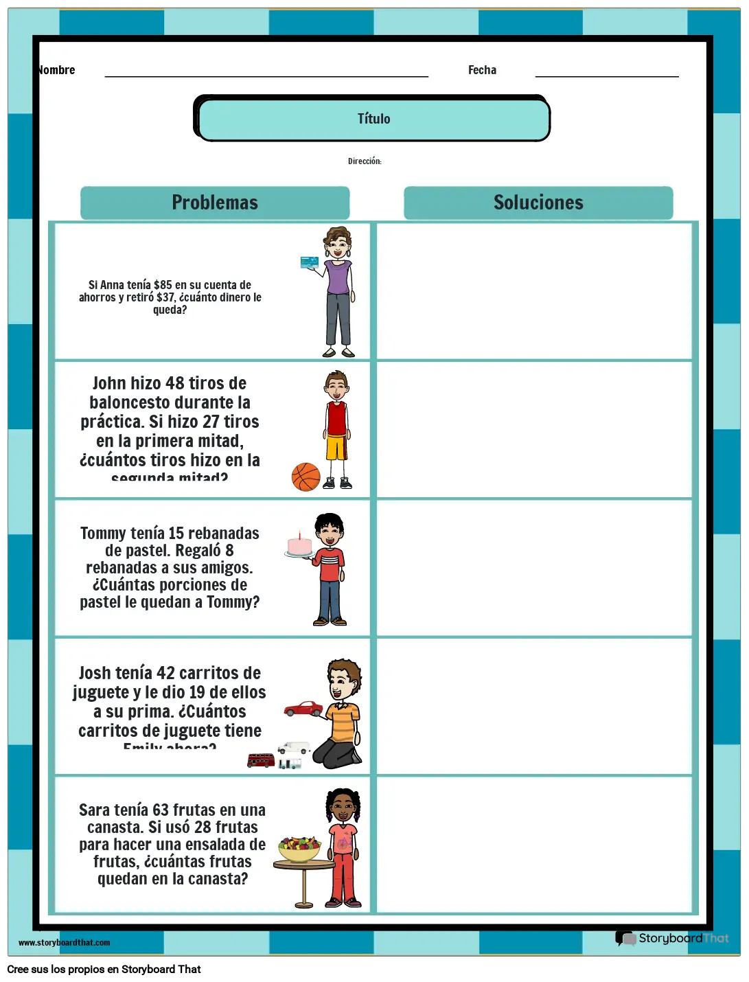 Problemas matemáticos verbales sobre resta Storyboard