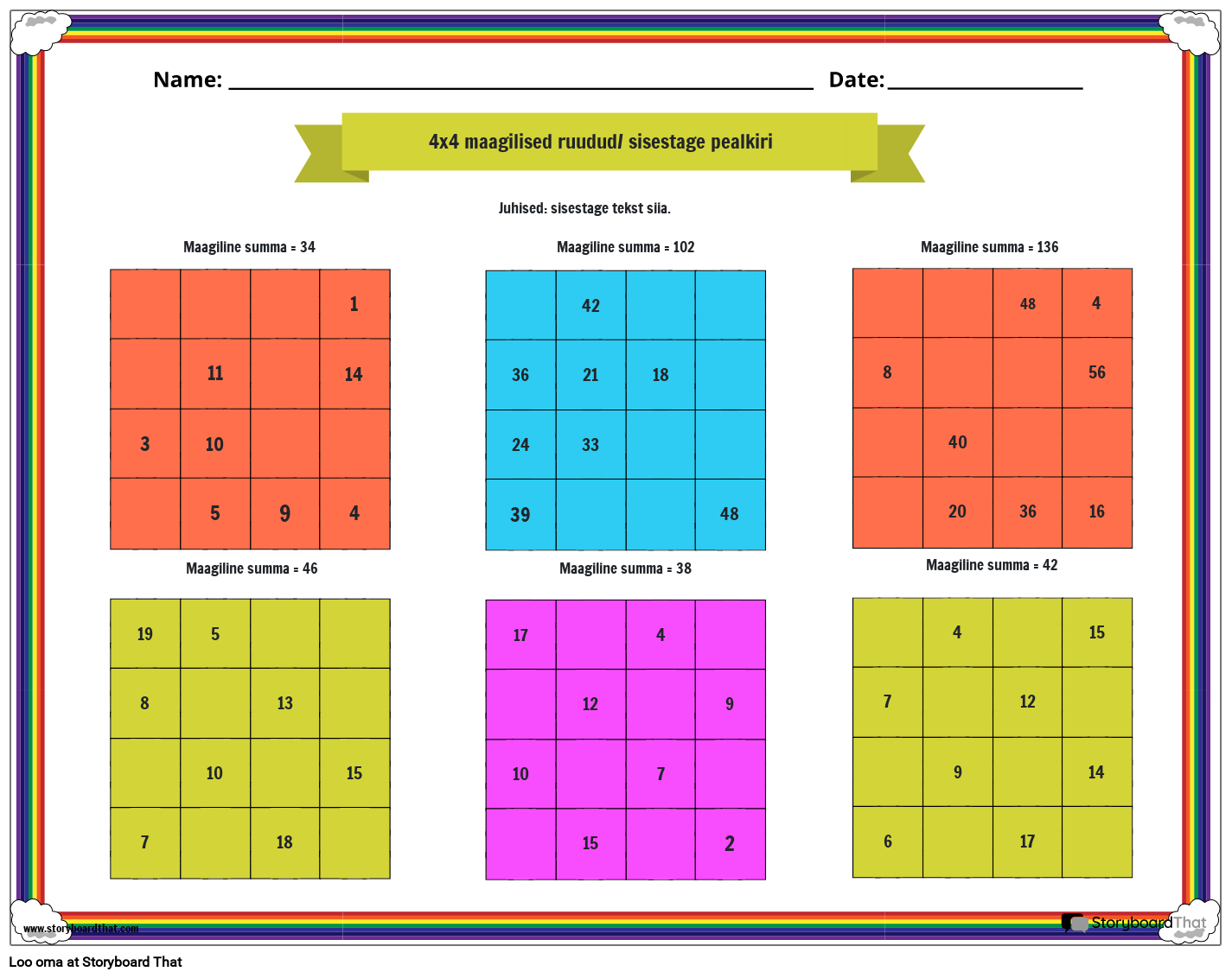 4x4 Magic Squares Vikerkaareäärisega tööleht Storyboard