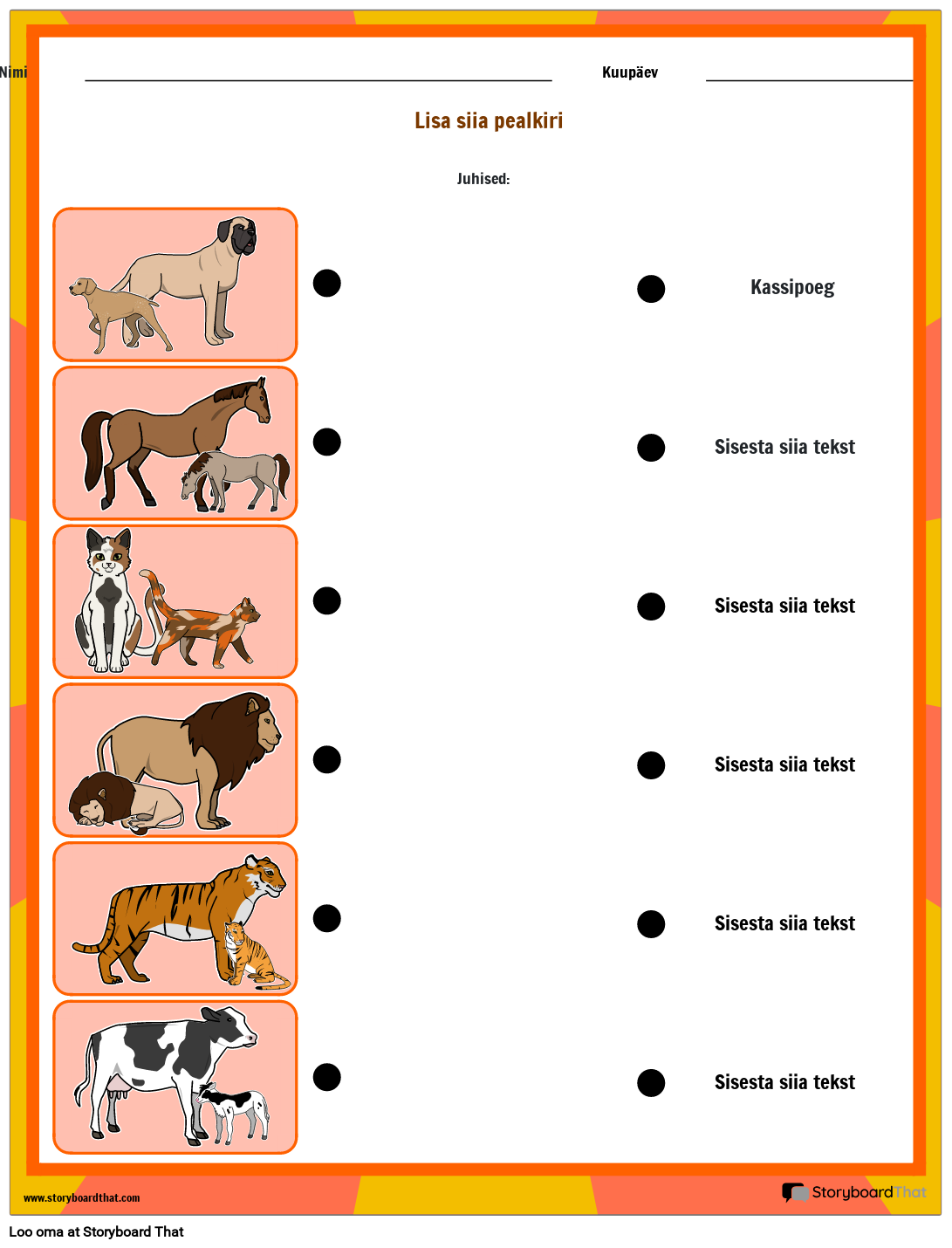 Loomad ja nende noored tööleht lastele Storyboard
