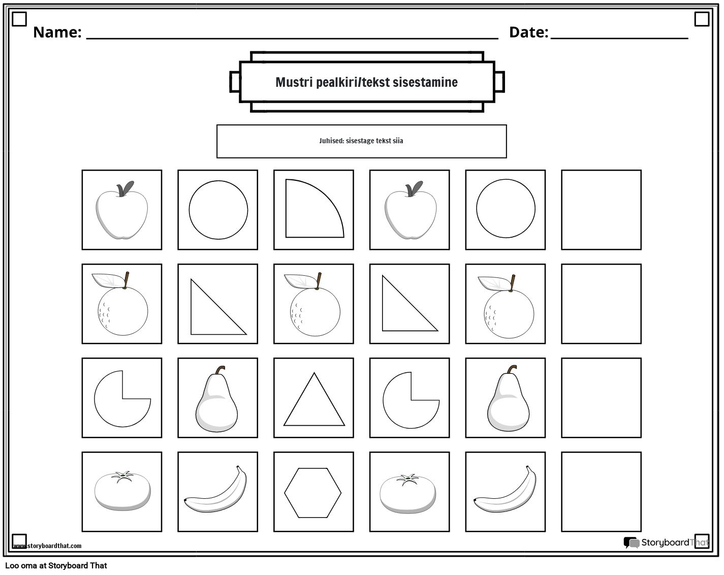 Puuviljade ja kujundite mustri tööleht (must-valge)