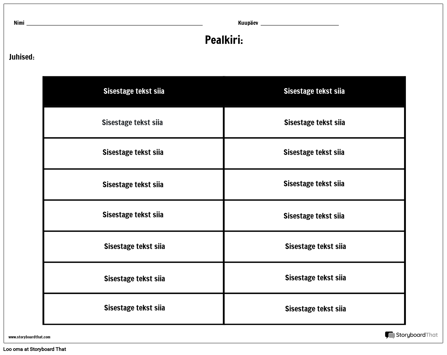 Tabel – 2 Veergu, 7 Rida Storyboard por et-examples