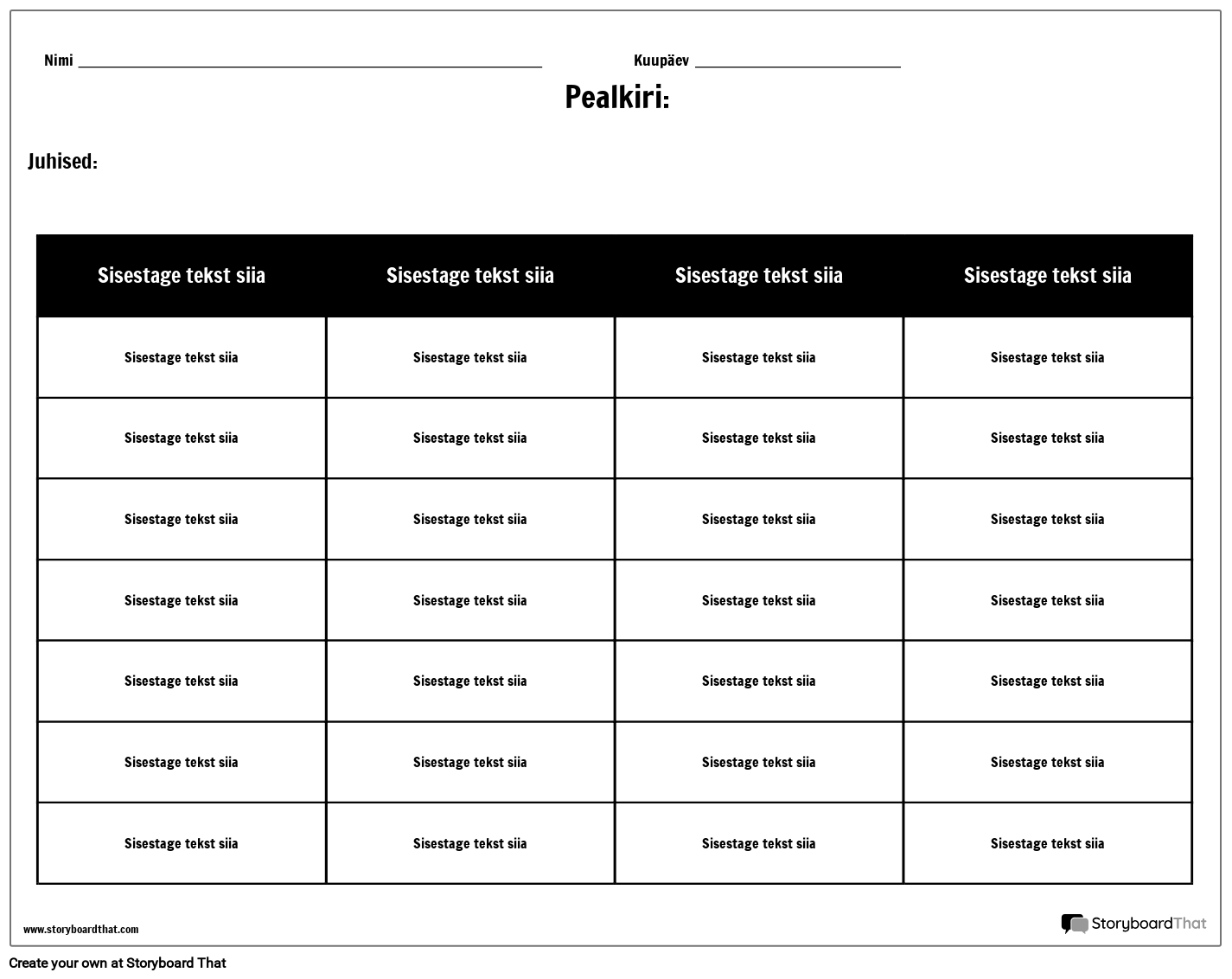 Tabel – 4 Veergu, 7 Rida Storyboard por et-examples