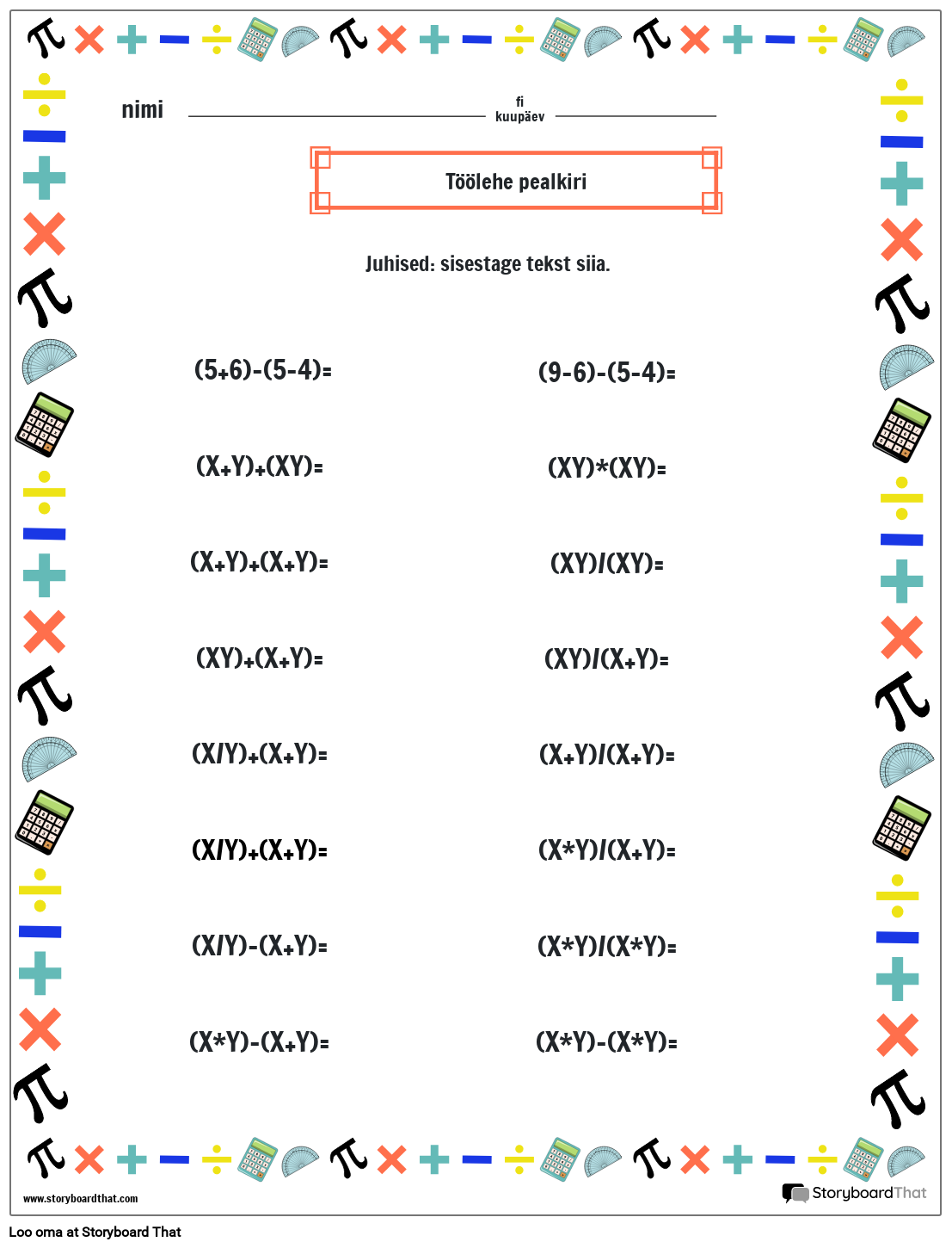 Tehte järjekorra tööleht matemaatika äärisega