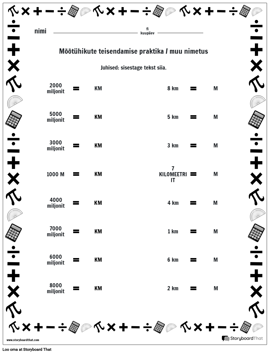 Ühikute mõõtmise tööleht matemaatika äärisega (must-valge)