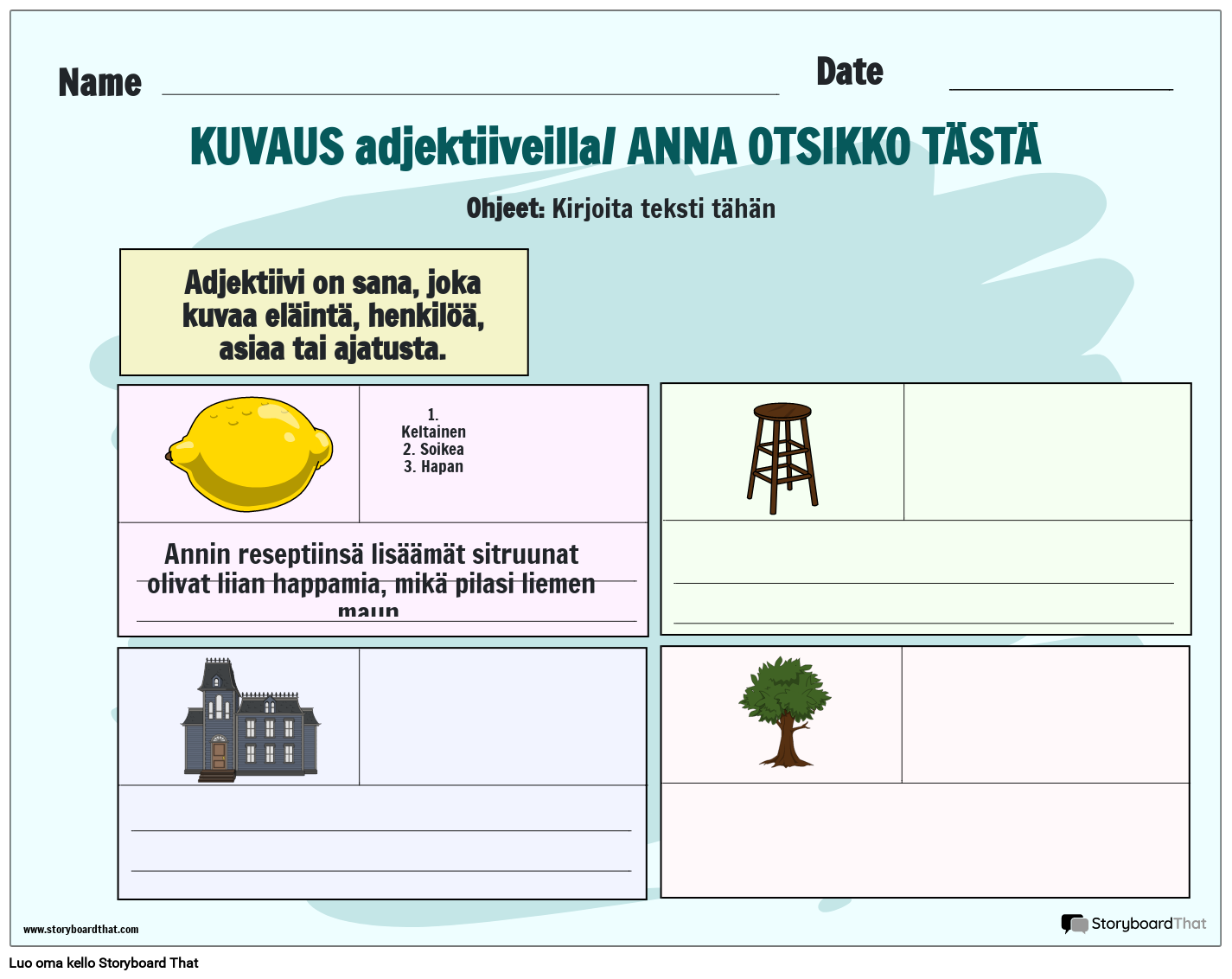 Adjektiivien käyttö kuvaustaulukossa Storyboard Adjektiivien käyttö kuvaustaulukossa Storyboard