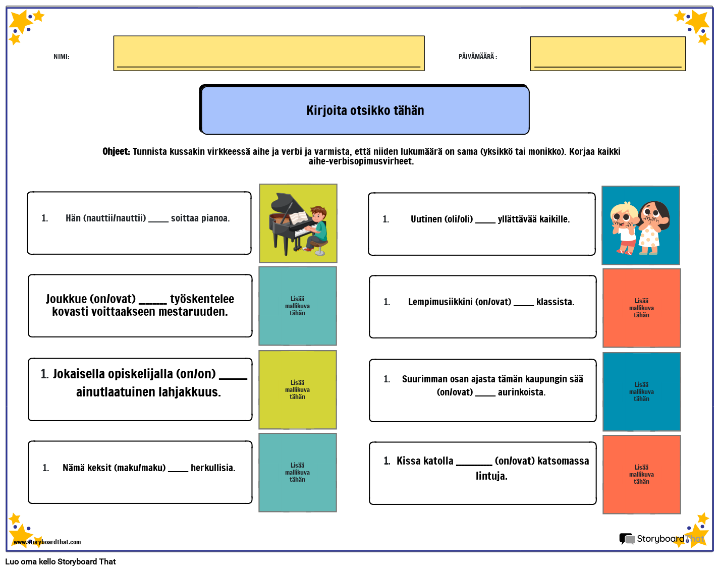 Aiheverbisopimus - Kielioppitaulukko kuvilla Storyboard