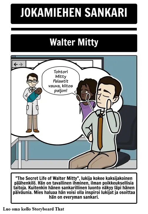 Everyman Hero - Walter Mitty - Esimerkki Storyboard