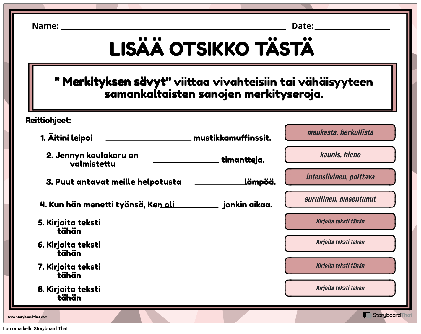 Lauseiden täydentäminen vahvemmilla sanoilla - Merkityssävyt -laskentataulu