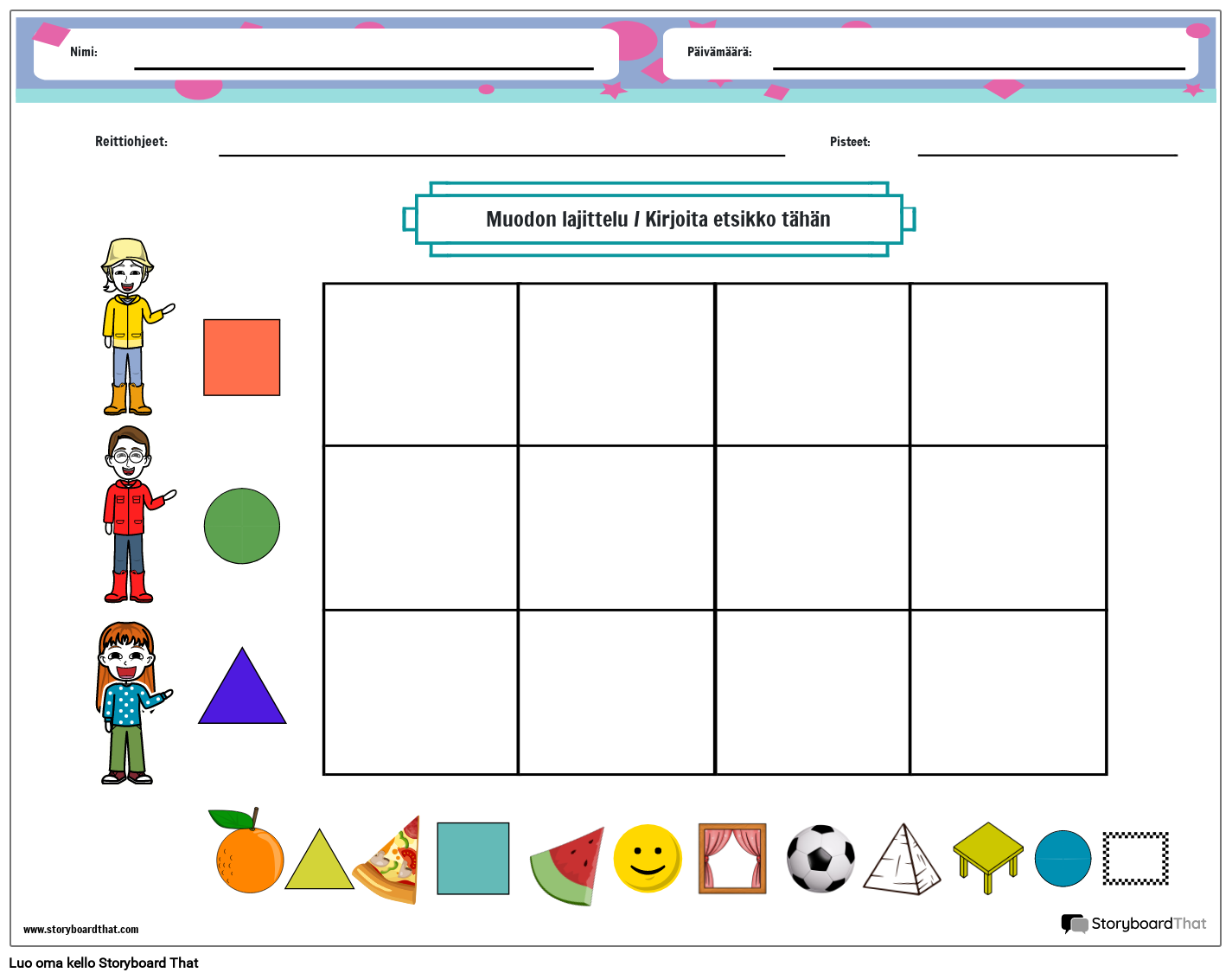muodot ja kohteet lajitteluvärien laskentataulukko