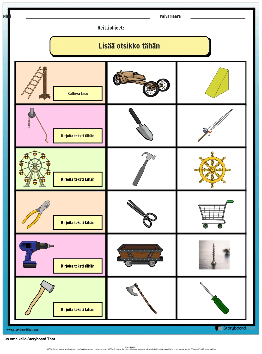 Simple Machines Match-Up -työtaulukko Storyboard