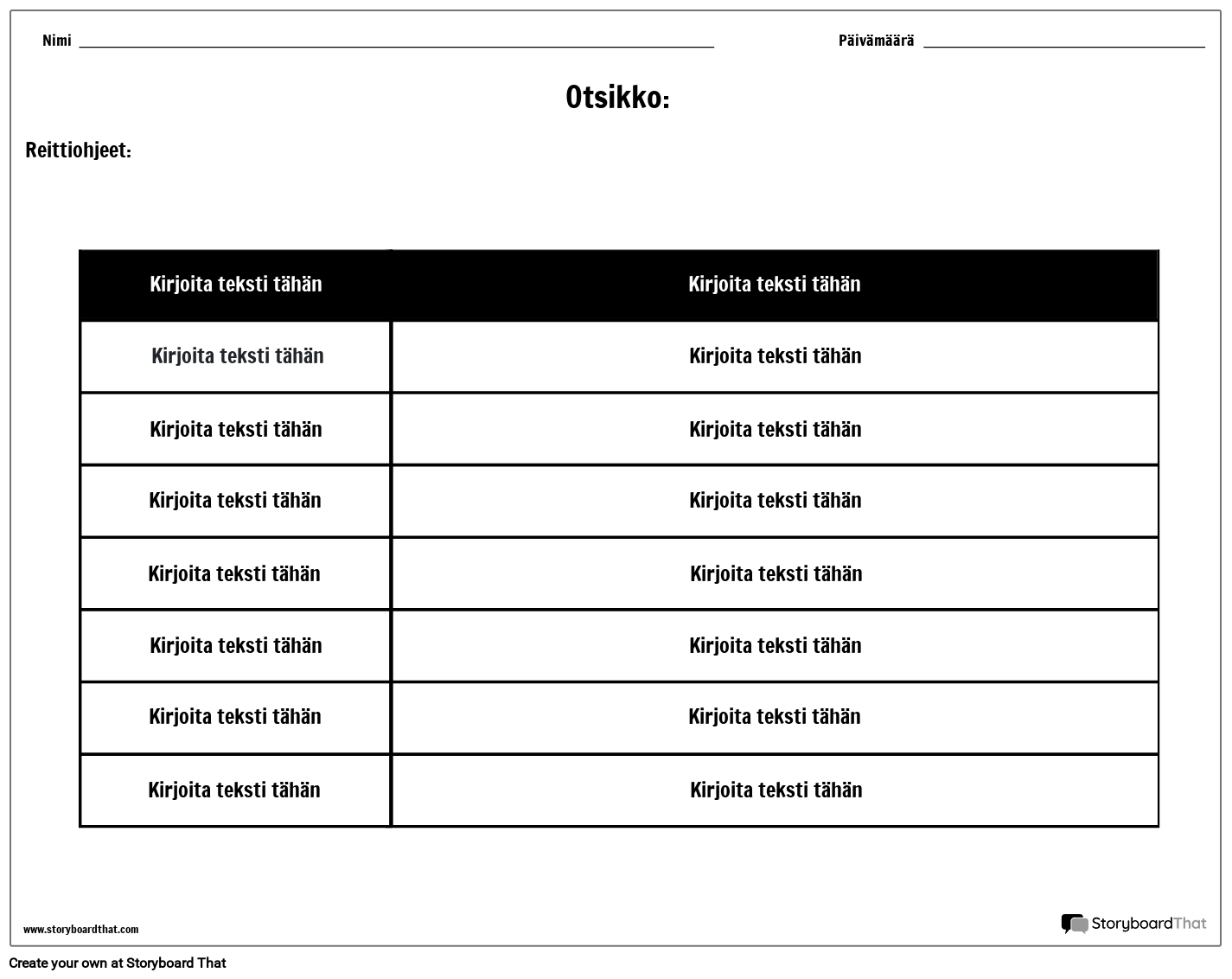 Taulukko – 2 Saraketta, 7 Riviä, Vaihtoehto 2