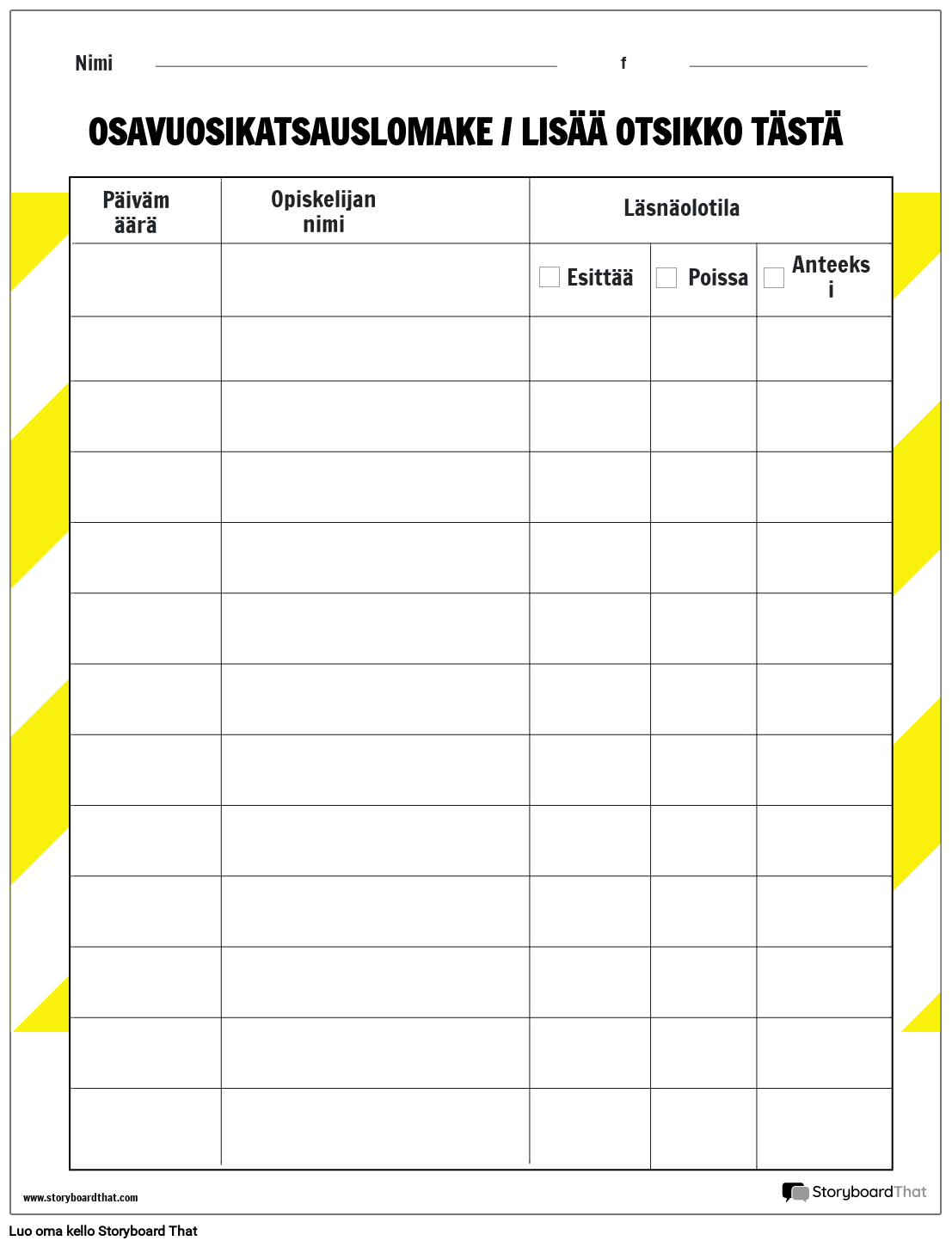Taulukko valintaruutujen laskentataulukolla Storyboard