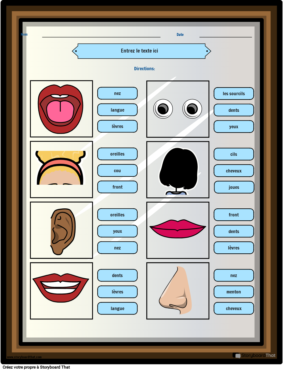Activités Assorties aux Parties du Visage Storyboard
