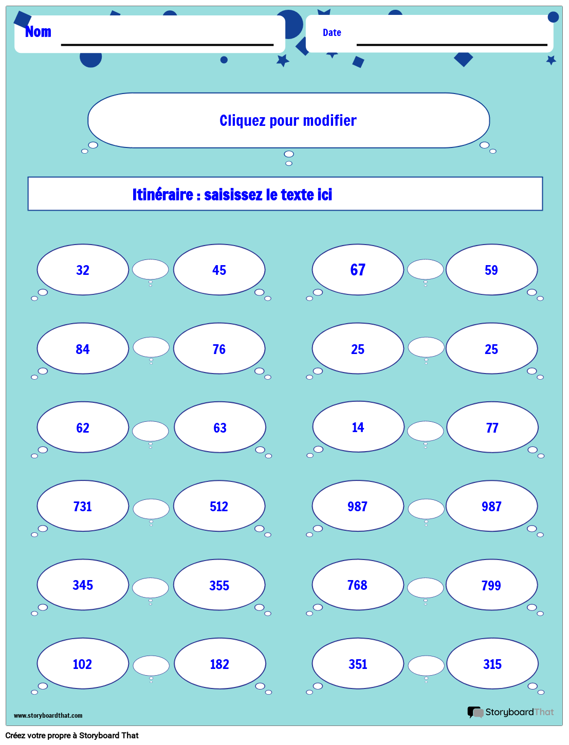 Feuille de calcul Comparaison de nombres avec des bulles