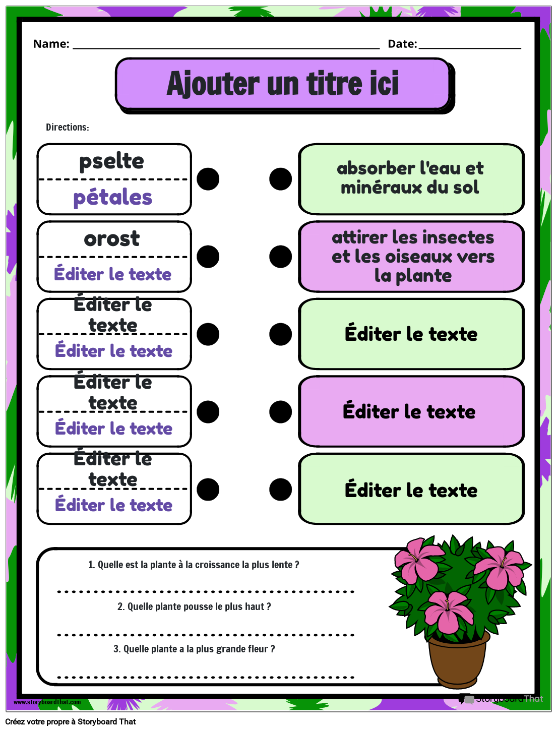 Feuille de travail sur l’activité d’appariement des plantes (intermédiaire)