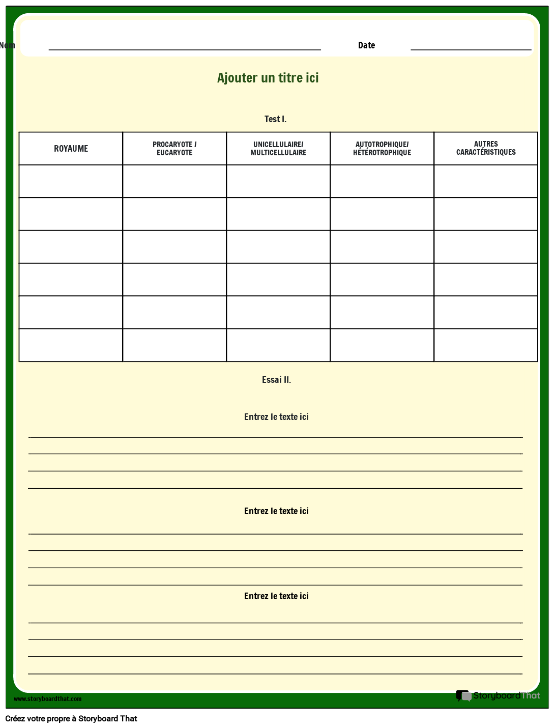 Feuille de Travail sur la Classification Biologique des six Règnes de la vi