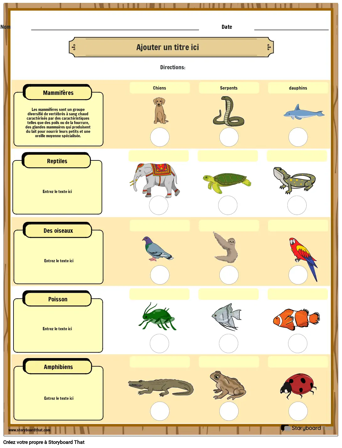 Feuille de Travail sur la Classification des Animaux
