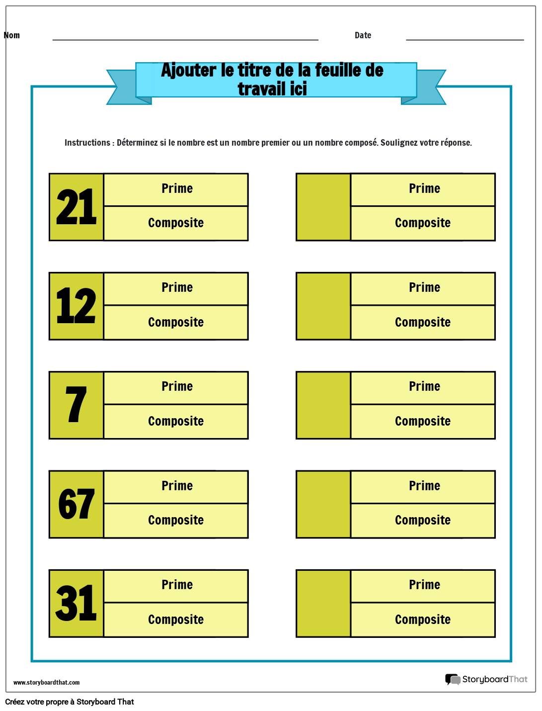 Feuille de travail sur la détermination des nombres premiers et composés