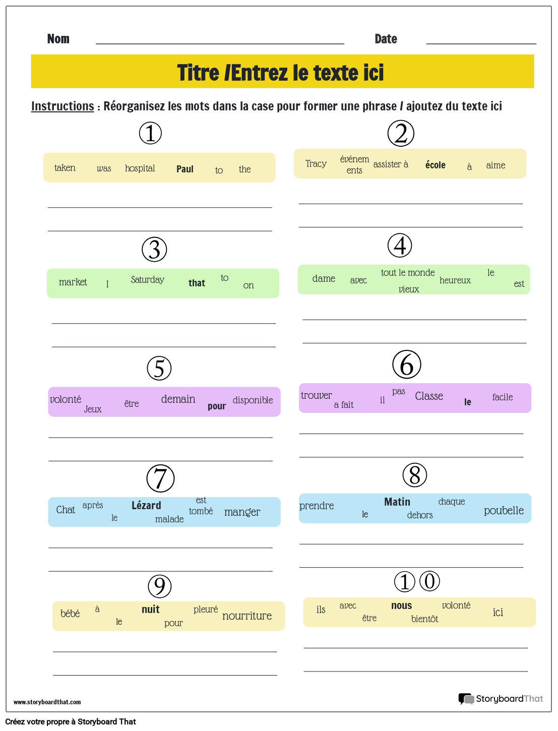 Feuille de travail sur le vocabulaire de réorganisation des mots