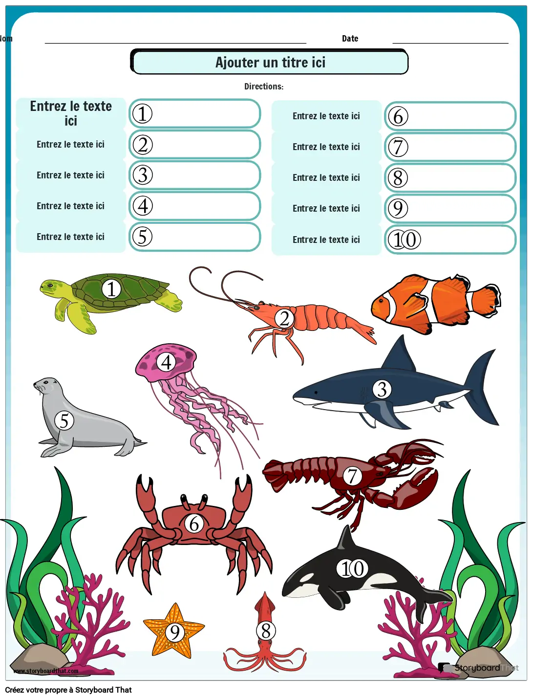 Feuille de Travail sur le Vocabulaire des Animaux Marins
