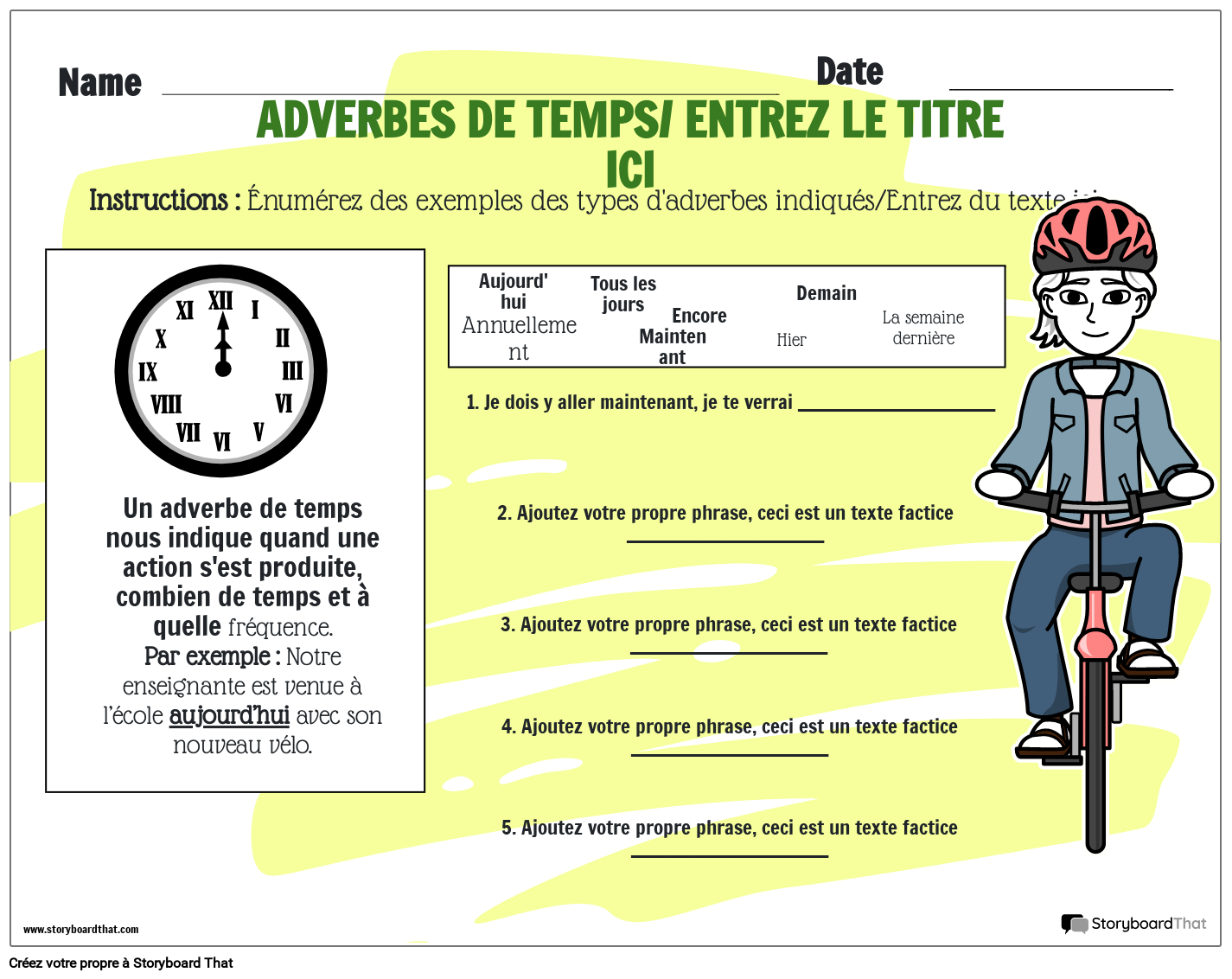 Feuille de travail sur les adverbes du temps Storyboard