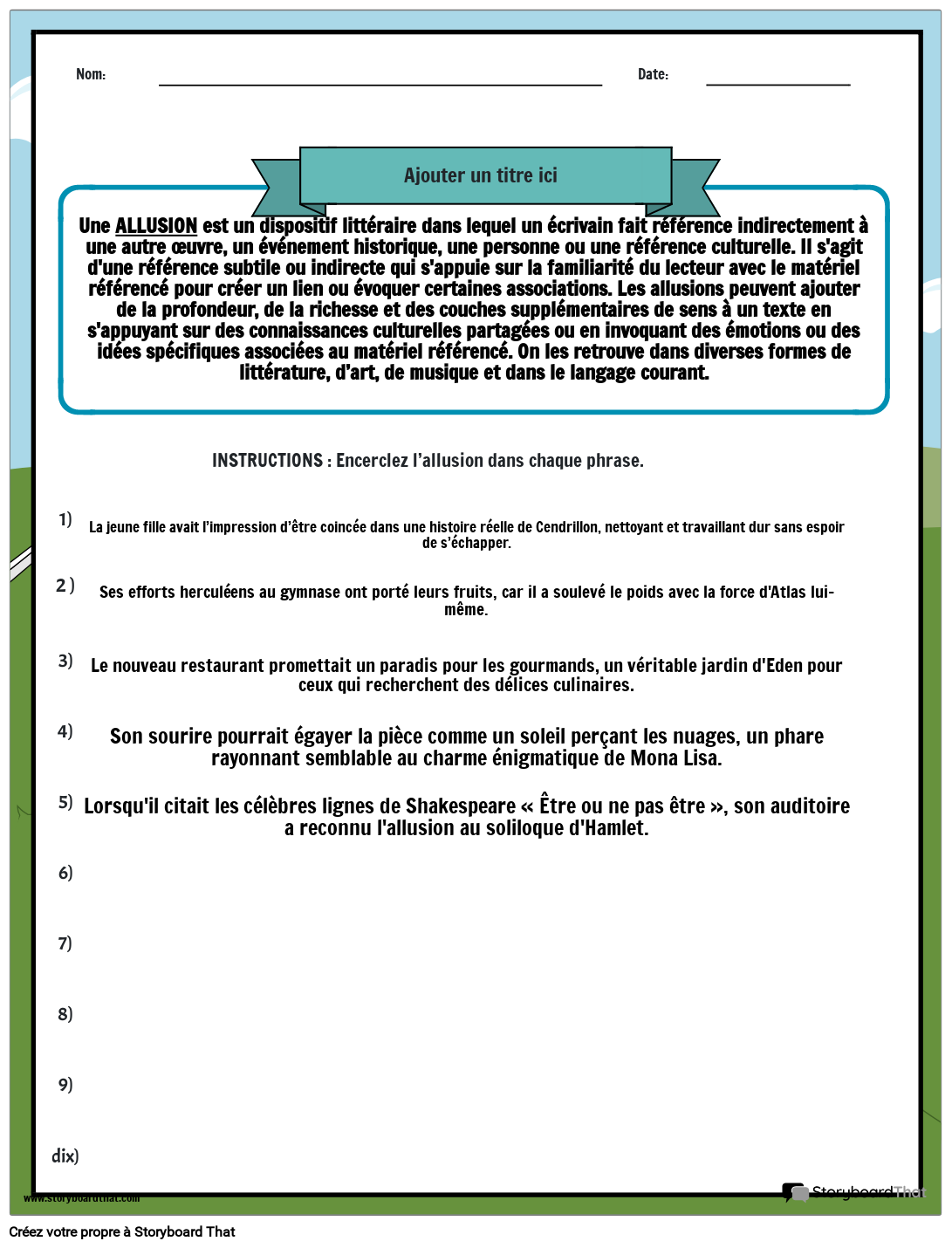 Feuille de Travail sur les Allusions Storyboard