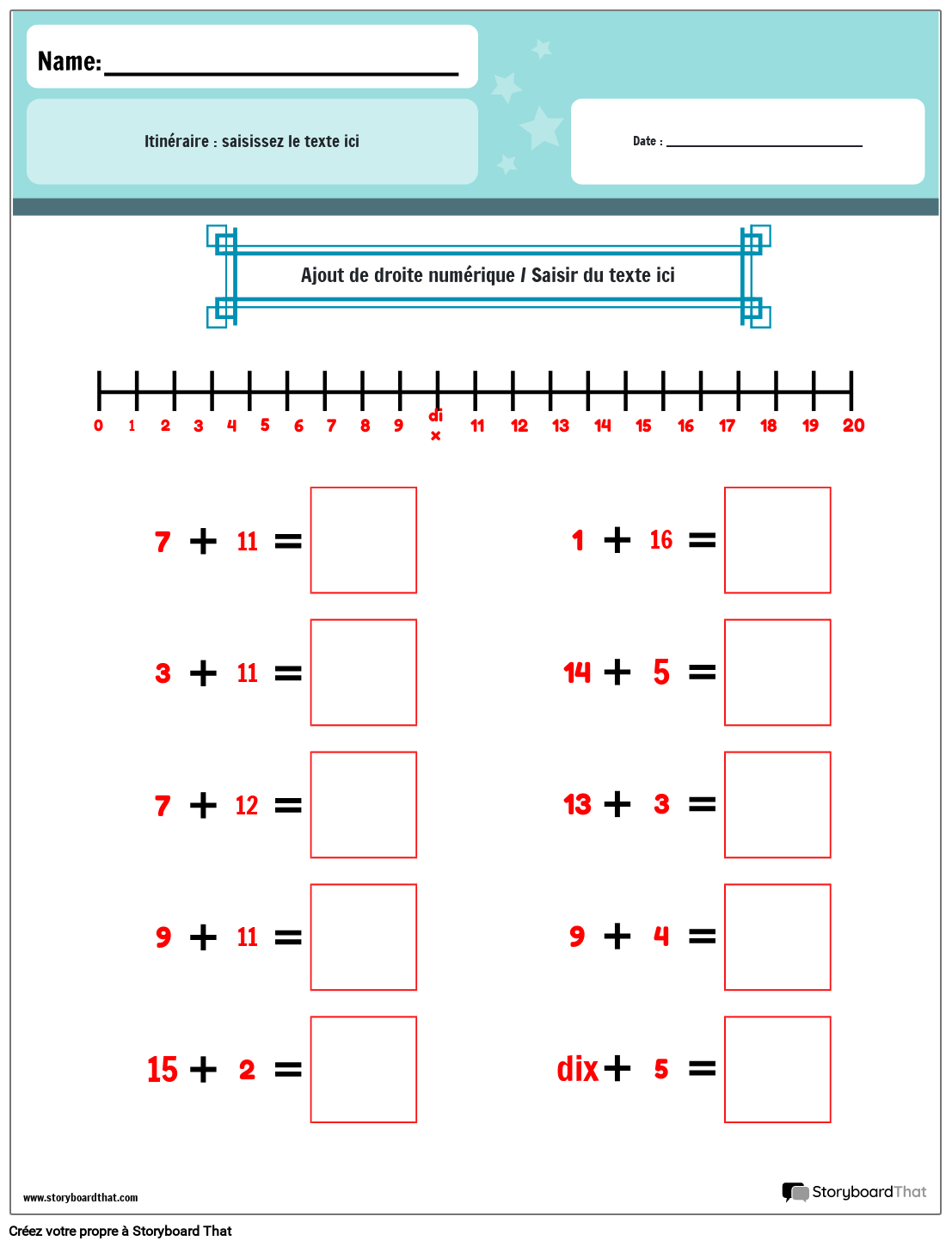 Feuille de travail sur les couleurs d'addition de droites numériques