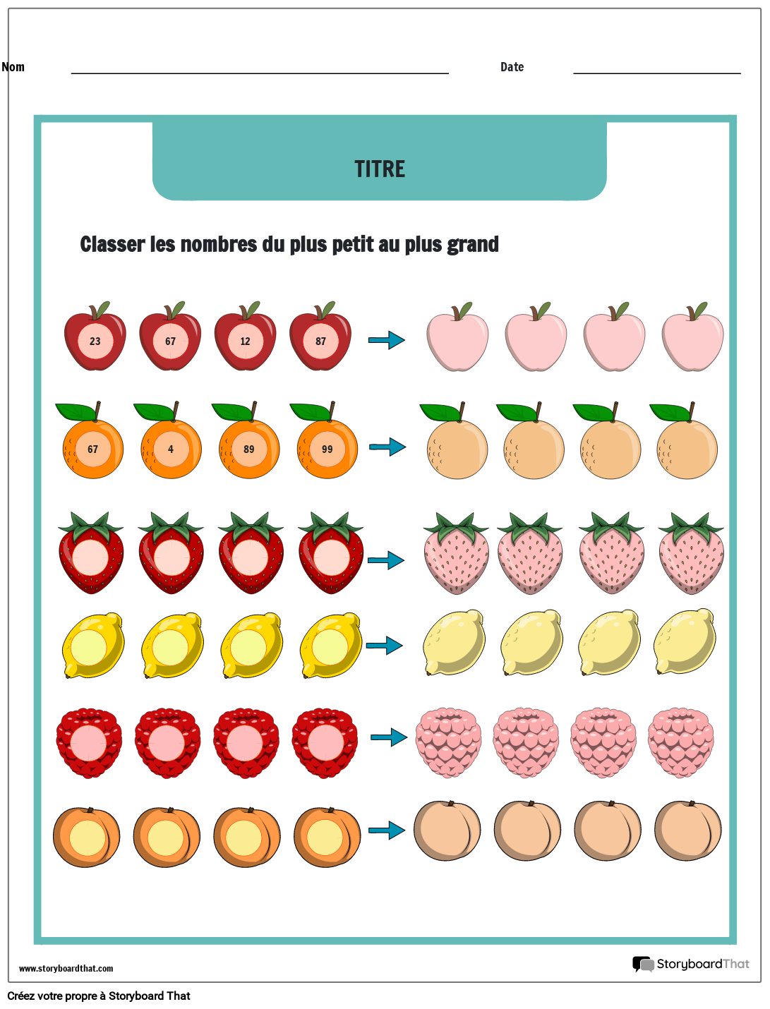 Feuille de Travail sur les Numéros de Commande sur le Thème des Fruits