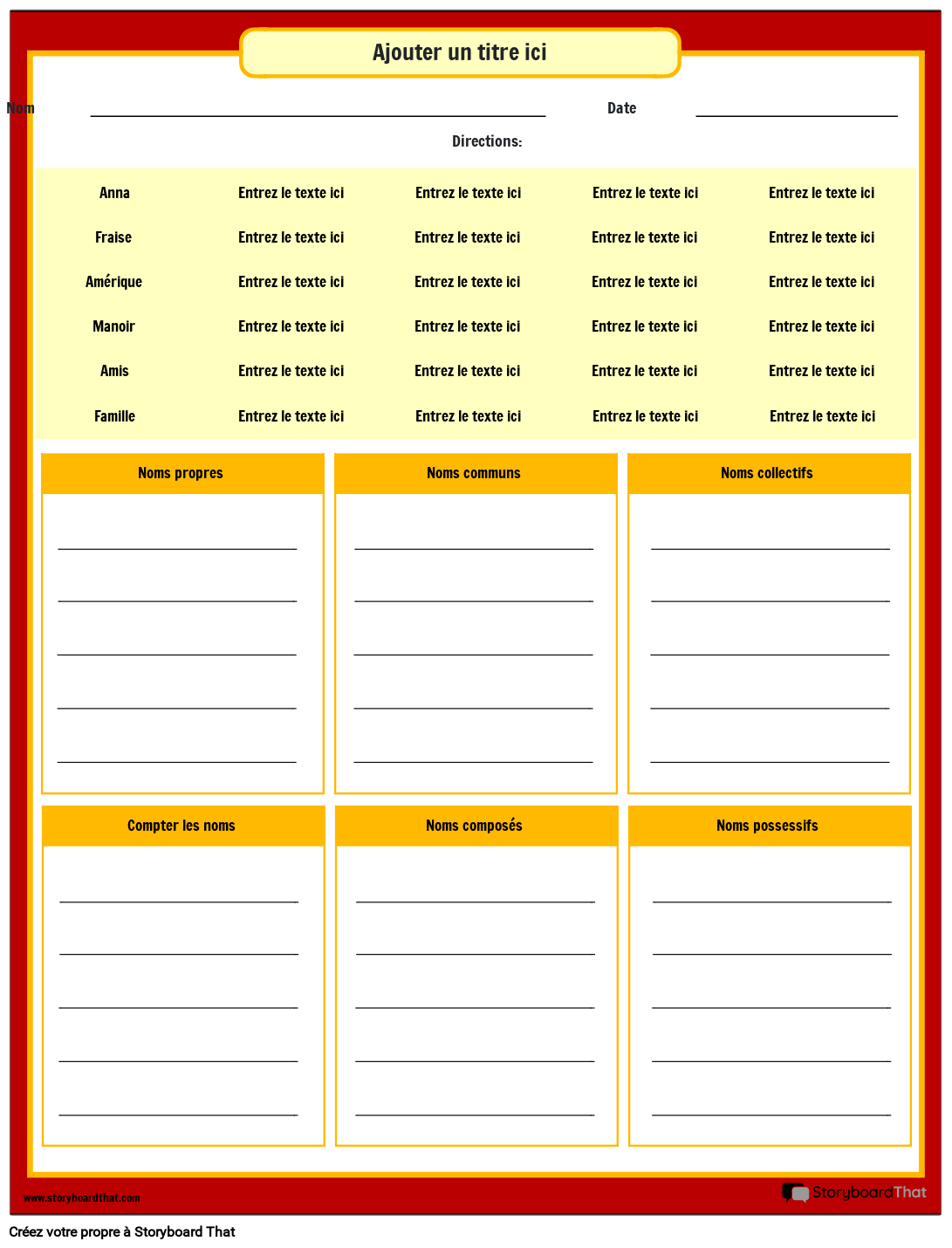 Feuille de travail sur les types de noms Storyboard Feuille de travail sur les types de noms Storyboard