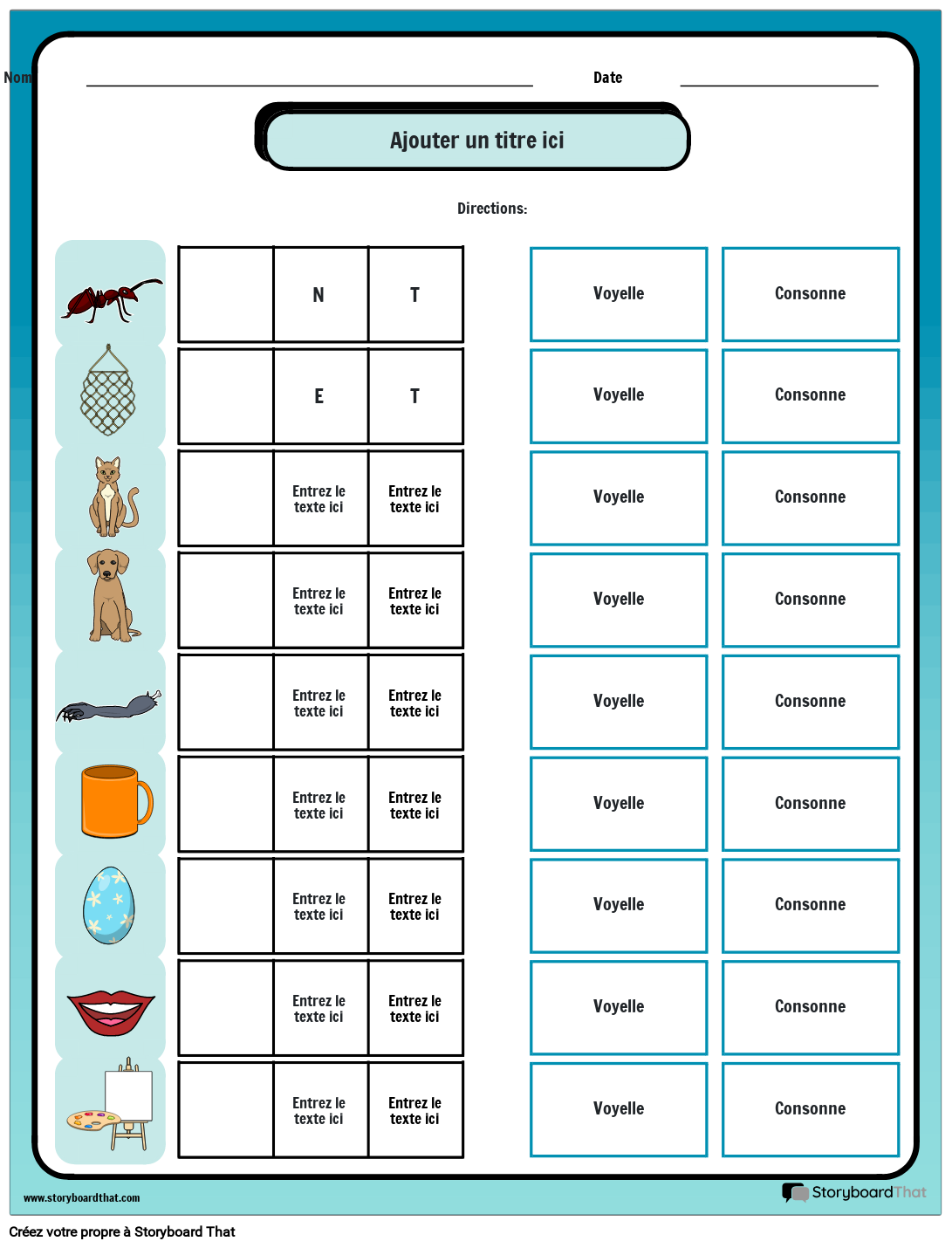 Feuille de Travail sur les Voyelles Sonores et les Consonnes de Début