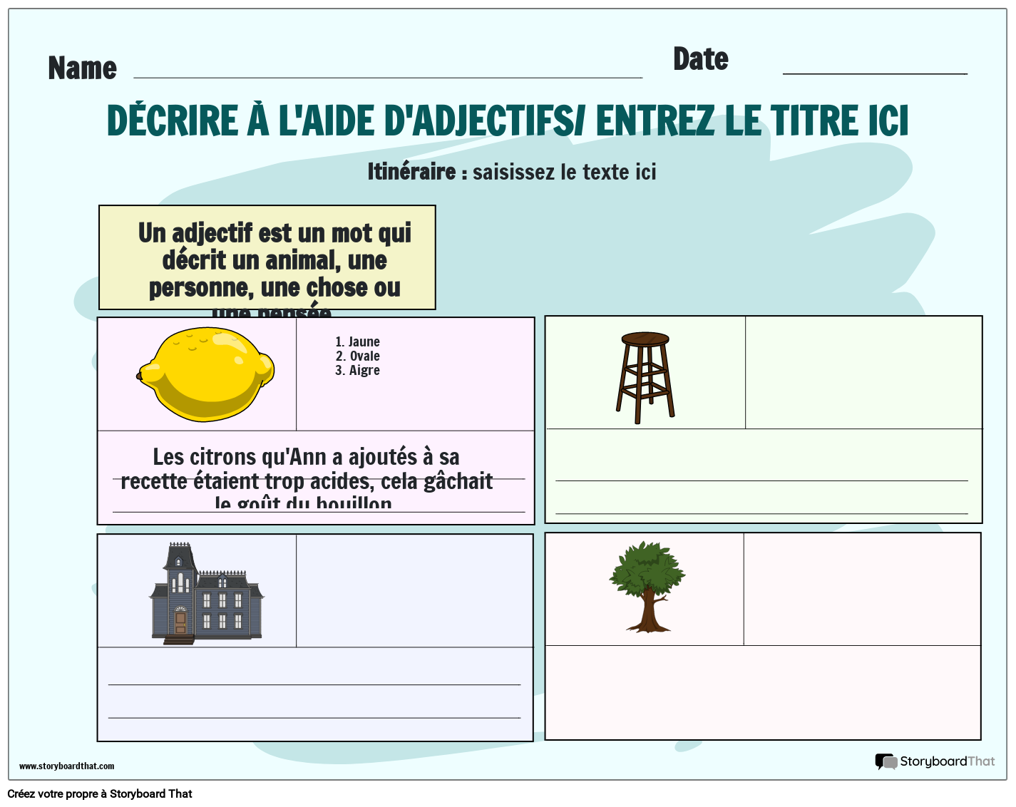 Feuille de travail Utilisation d'adjectifs pour la description