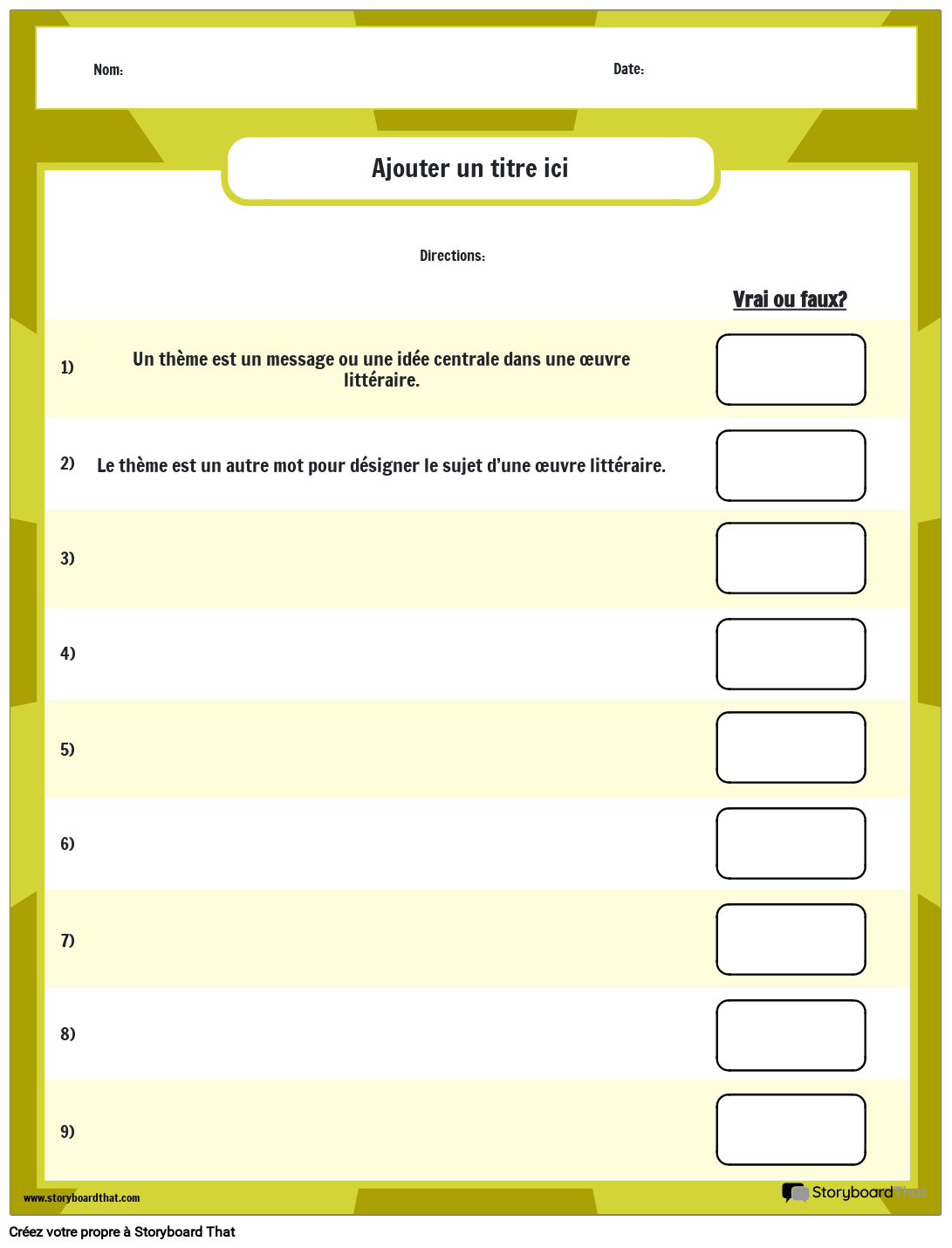 Identifier le thème Feuille de travail - Vrai ou Faux
