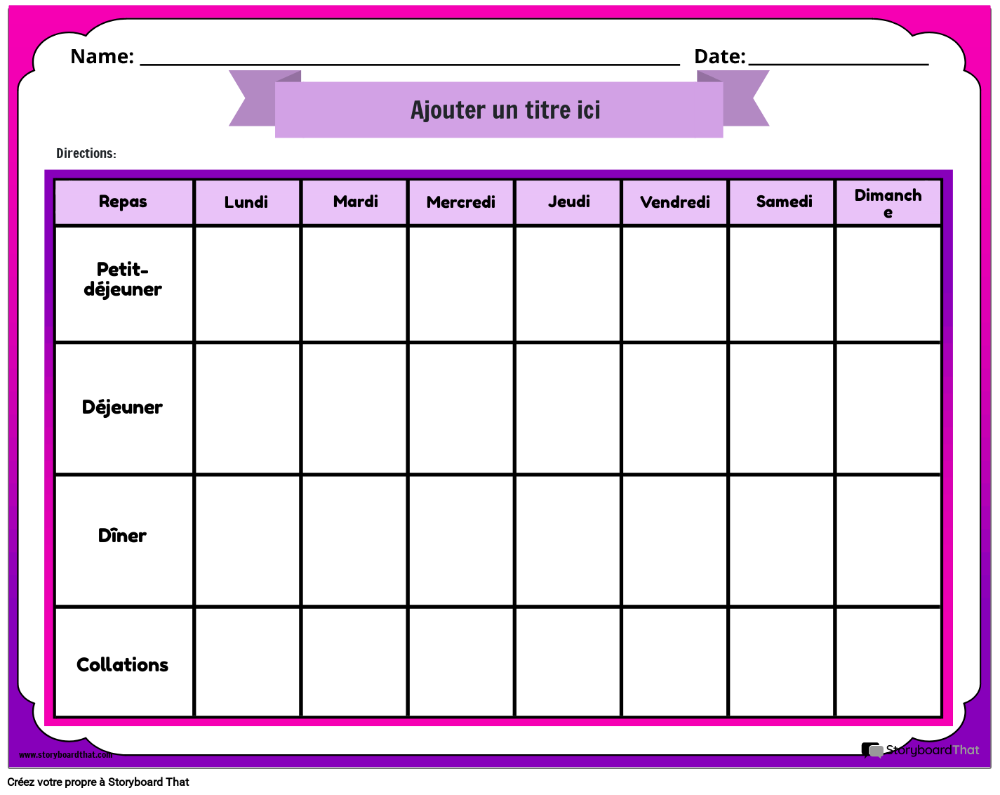 Plan de Repas Hebdomadaire Sain - Feuille de Travail sur la Nutrition