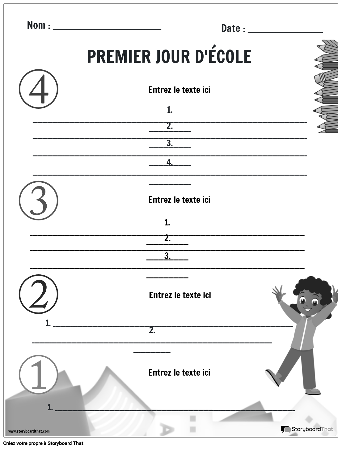 Premier jour d'école imprimable avec des crayons