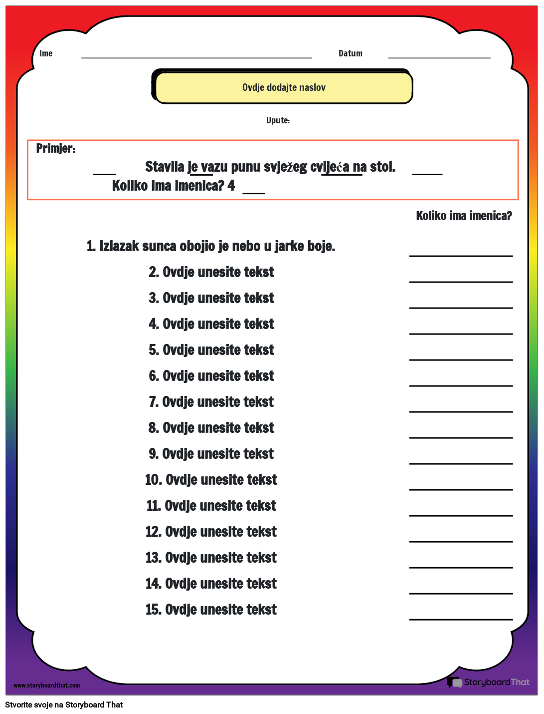 Prebrojavanje Imenica u Rečeničnom Radnom Listu