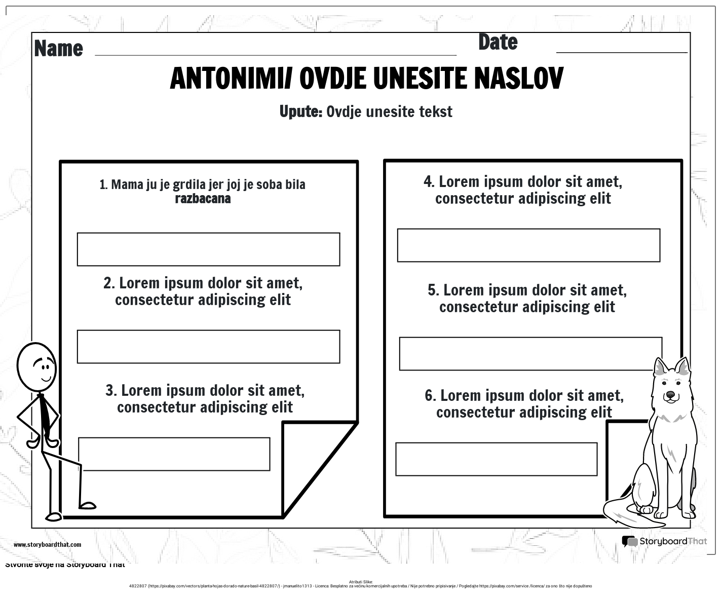 Radni list s antonimnim rečenicama Storyboard od Strane hr-examples