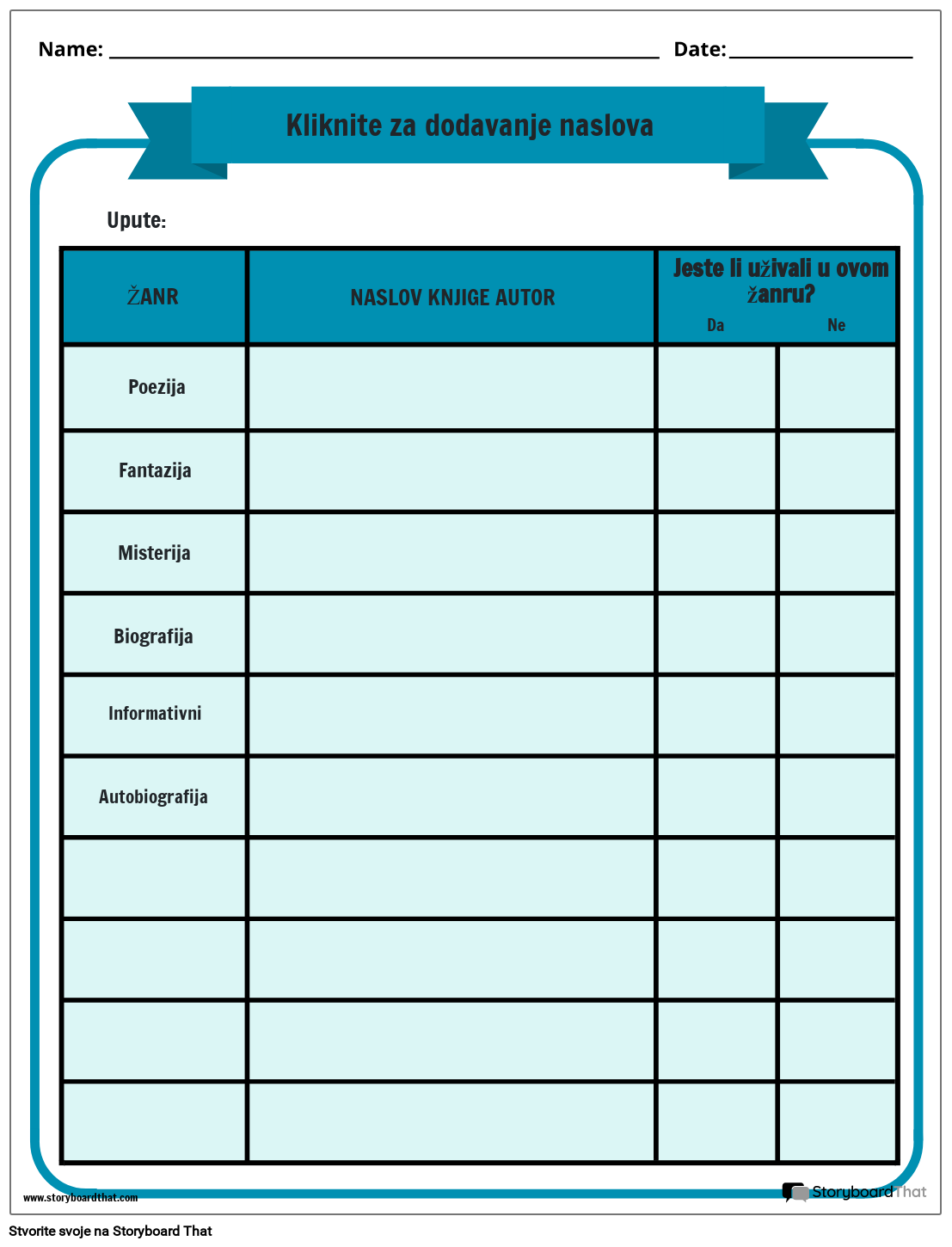 Radni List s Izazovima Čitanja Žanra Storyboard