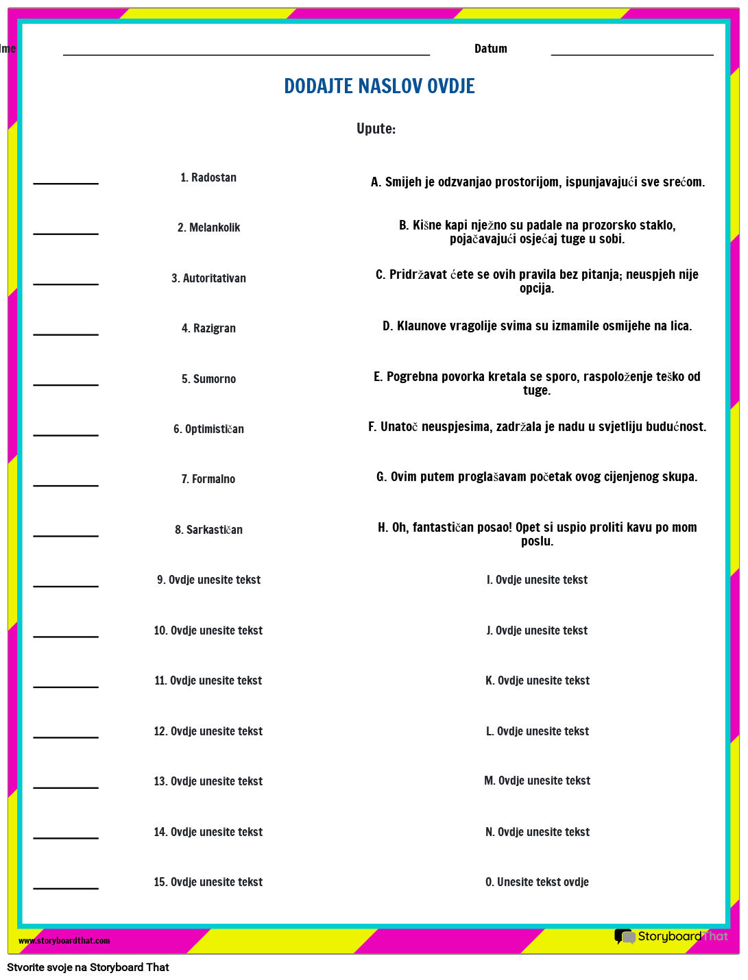 Radni List za Opisivanje Tona Fraze Storyboard