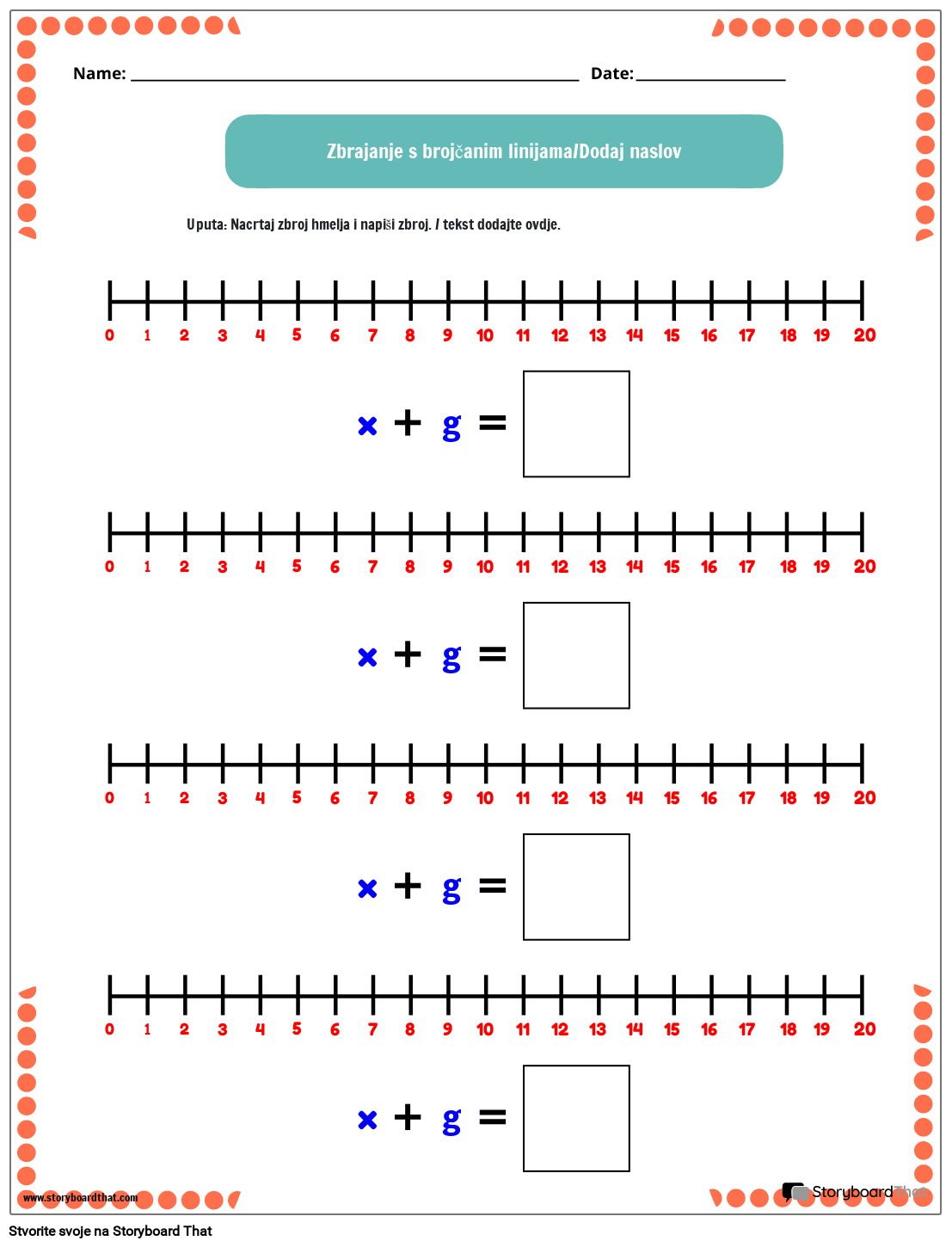 Radni list za zbrajanje brojčanih linija s točkastim rubom