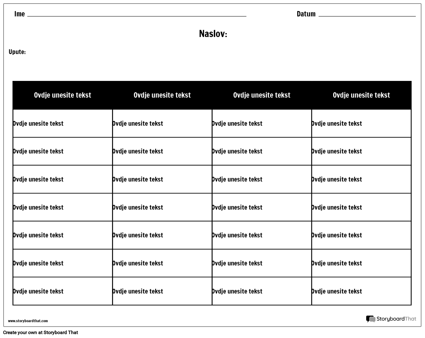 Tablica - 4 Stupca, 7 Redaka Storyboard od Strane hr-examples