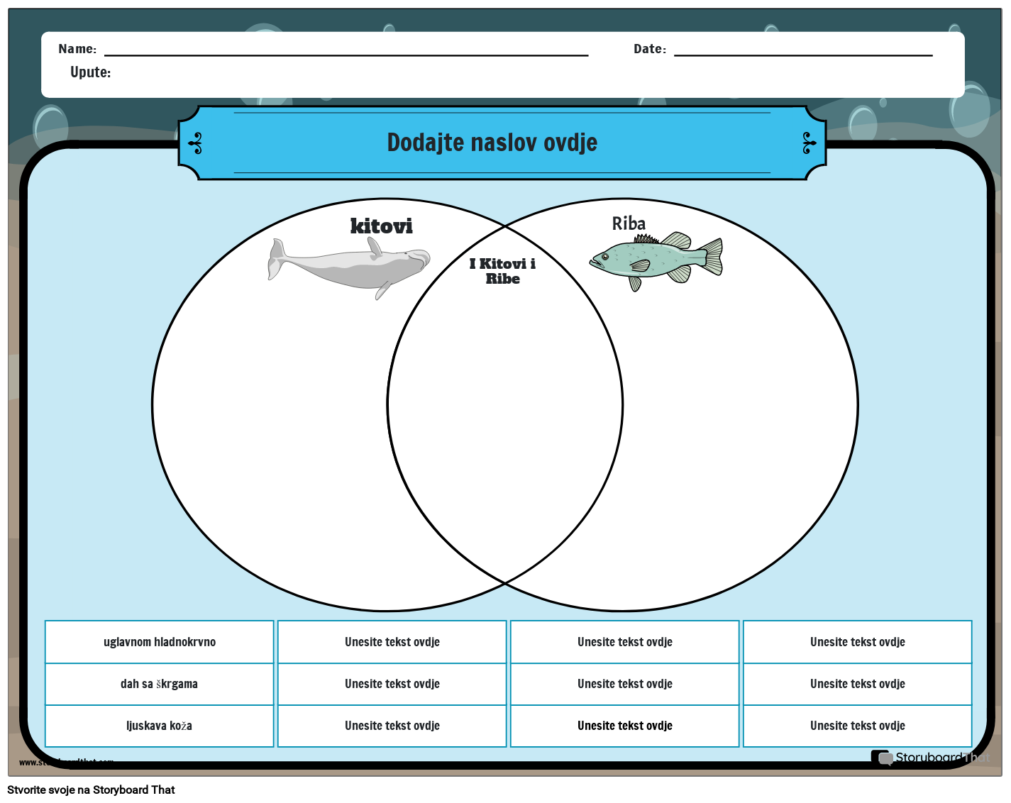 Usporedite i Kontrastirajte: Radni List za Ispis Kitova i Riba