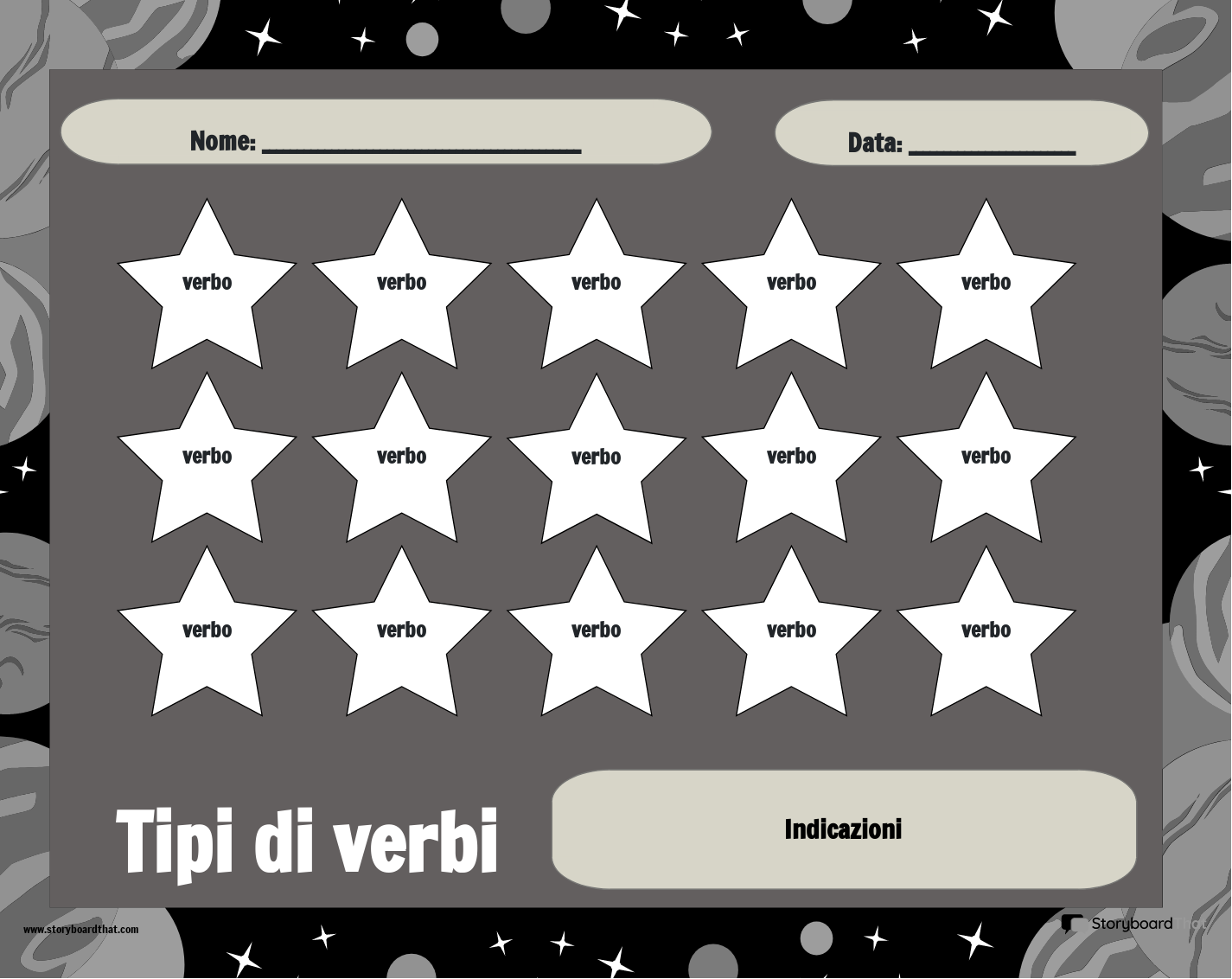 Colora il Tempo Verbale Delle Stelle Stampabile in Bianco e Nero